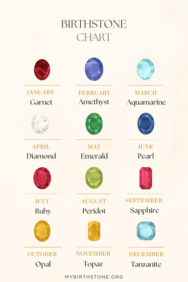 Birthstone Chart 2025: Complete Monthly Gemstone Guide | Free Download